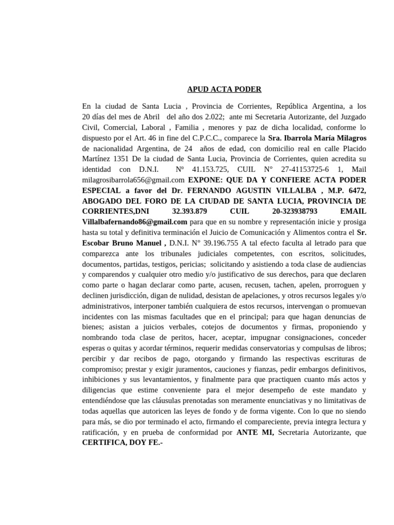 Apud Acta Poder Alimentos y Regimen de Comunicacion Ibarrola.. | PDF | Justicia | Crimen y violencia