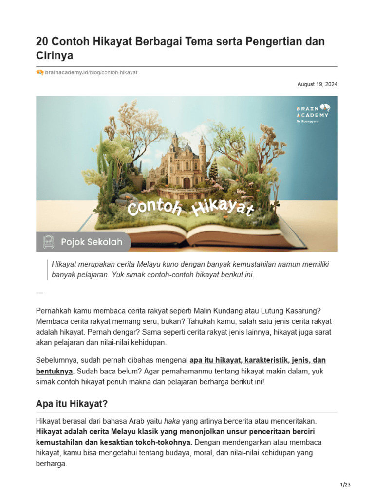 Brainacademy - Id-20 Contoh Hikayat Berbagai Tema Serta Pengertian Dan Cirinya | PDF | Fiksi Umum