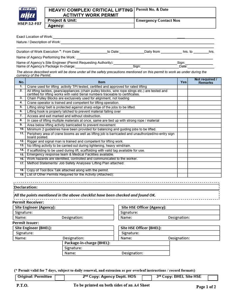 HSEP12F07 - Crtical Lifting Activity Permit | PDF | Crane (Machine)