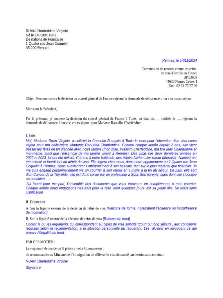Recours contre refus de visa pour Raoudha | PDF | Visa (Document)
