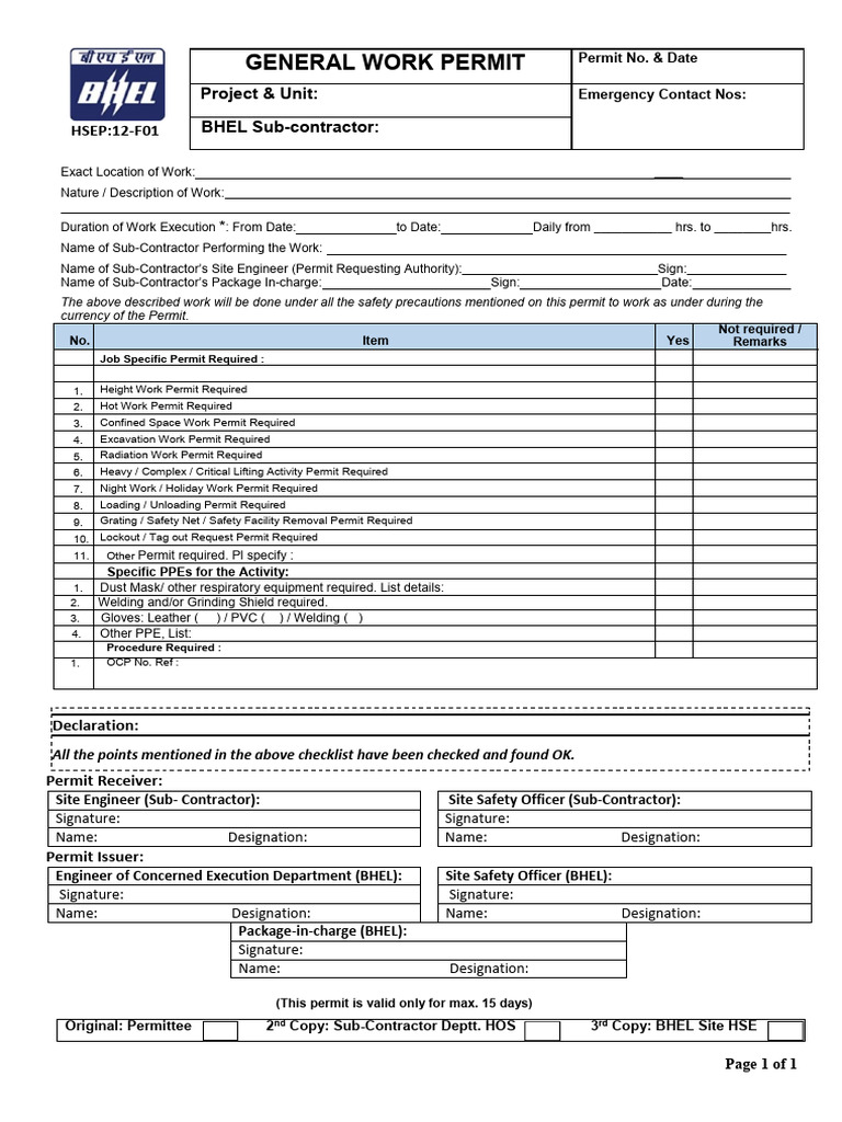 HSEP12F01 - General Work Permit | PDF | Personal Protective Equipment | Labor Relations