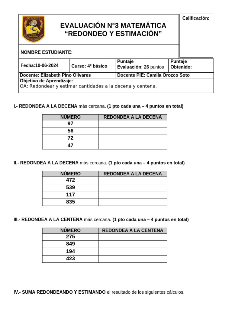 Evaluación Matemática Redondeo y Estimación | PDF