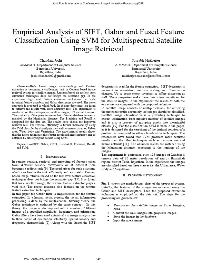Empirical Analysis of SIFT, Gabor and Fused Feature Classification Using SVM For Multispectral ...