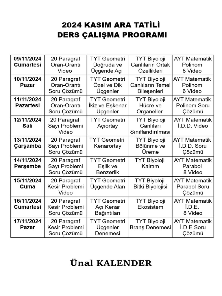 Kasım Ara Tatil Planı | PDF