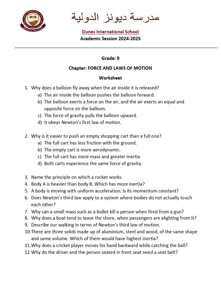 Grade 9 Force and Motion Worksheet | PDF | Force | Newton's Laws Of Motion