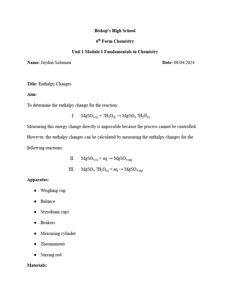 Jaydon Solomon - Chemistry Module 1 Lab 5 - Enthalpy Changes 2 | PDF | Enthalpy | Heat Capacity