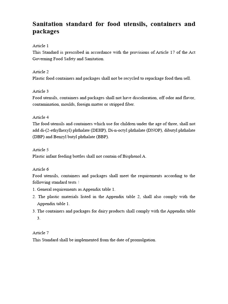 衛授食字第1111303139號-Sanitation standard for food utensils, containers and ...