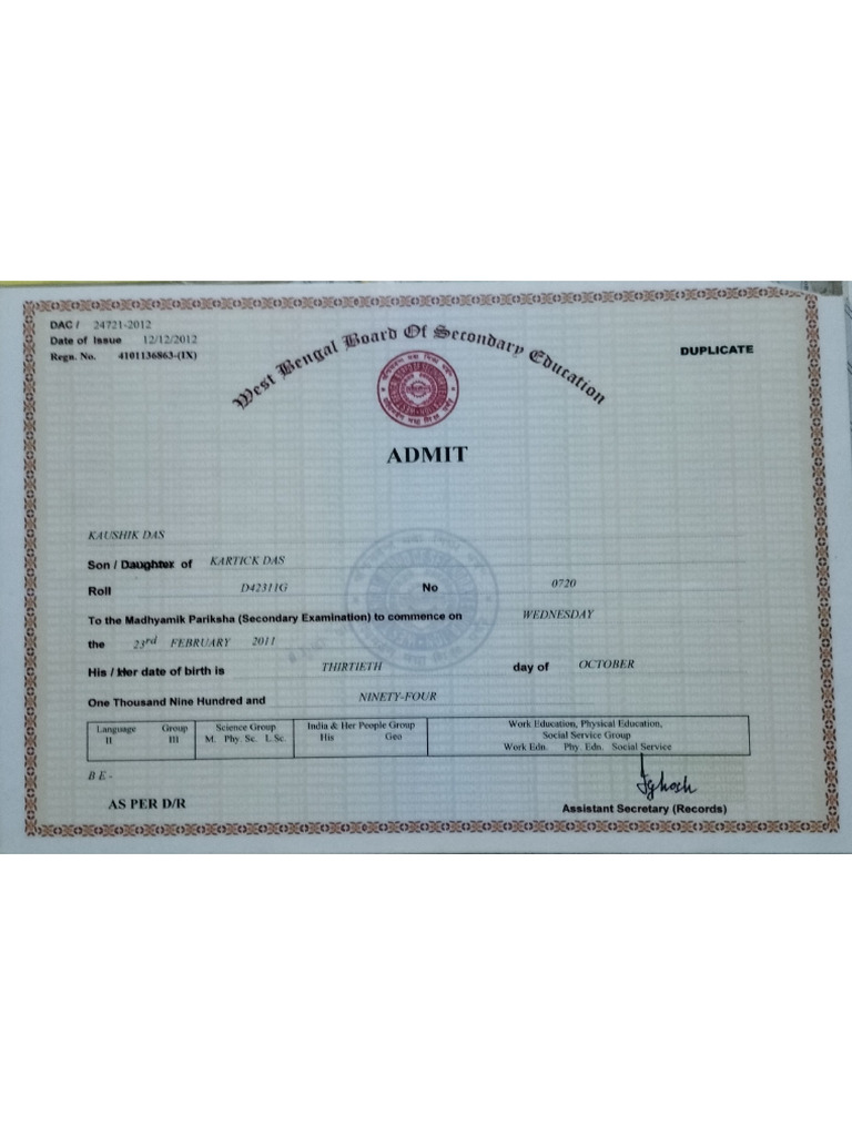 Madhyamik Admit | PDF