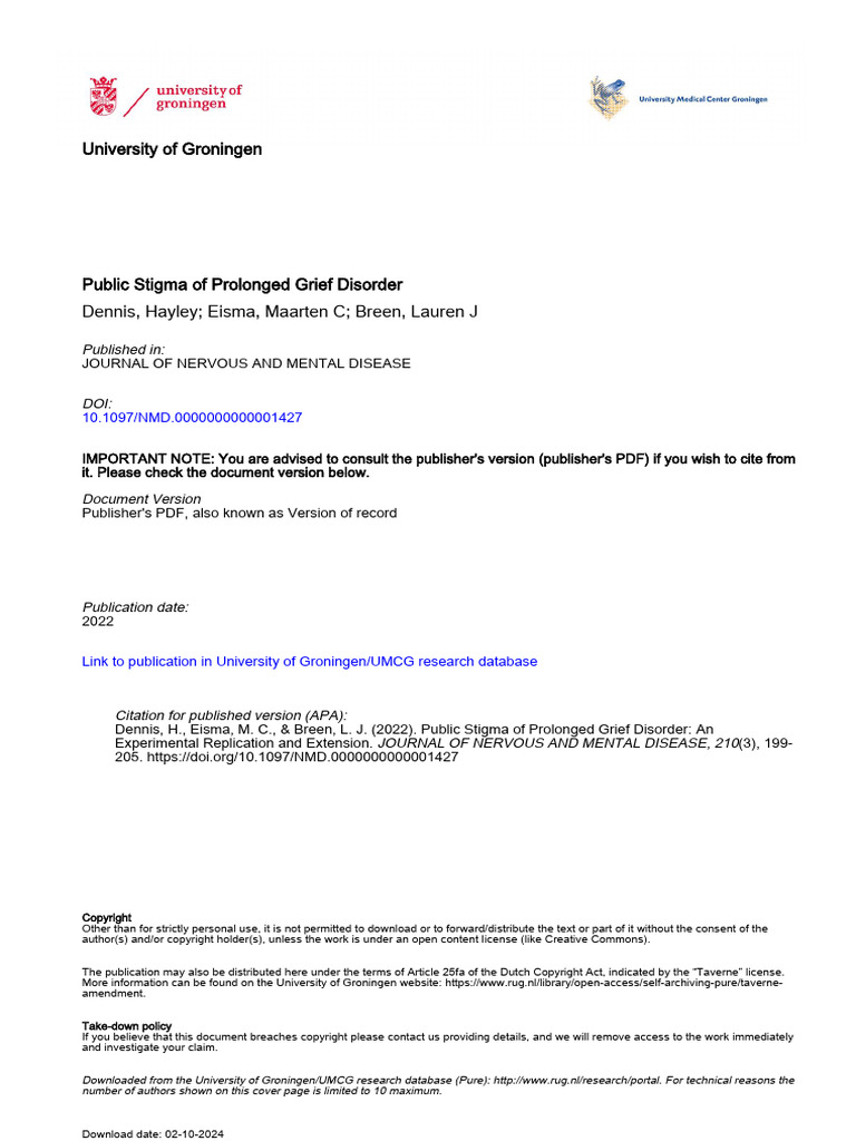 Public Stigma of Prolonged Grief Disorder An8 | PDF | Grief | Social Stigma