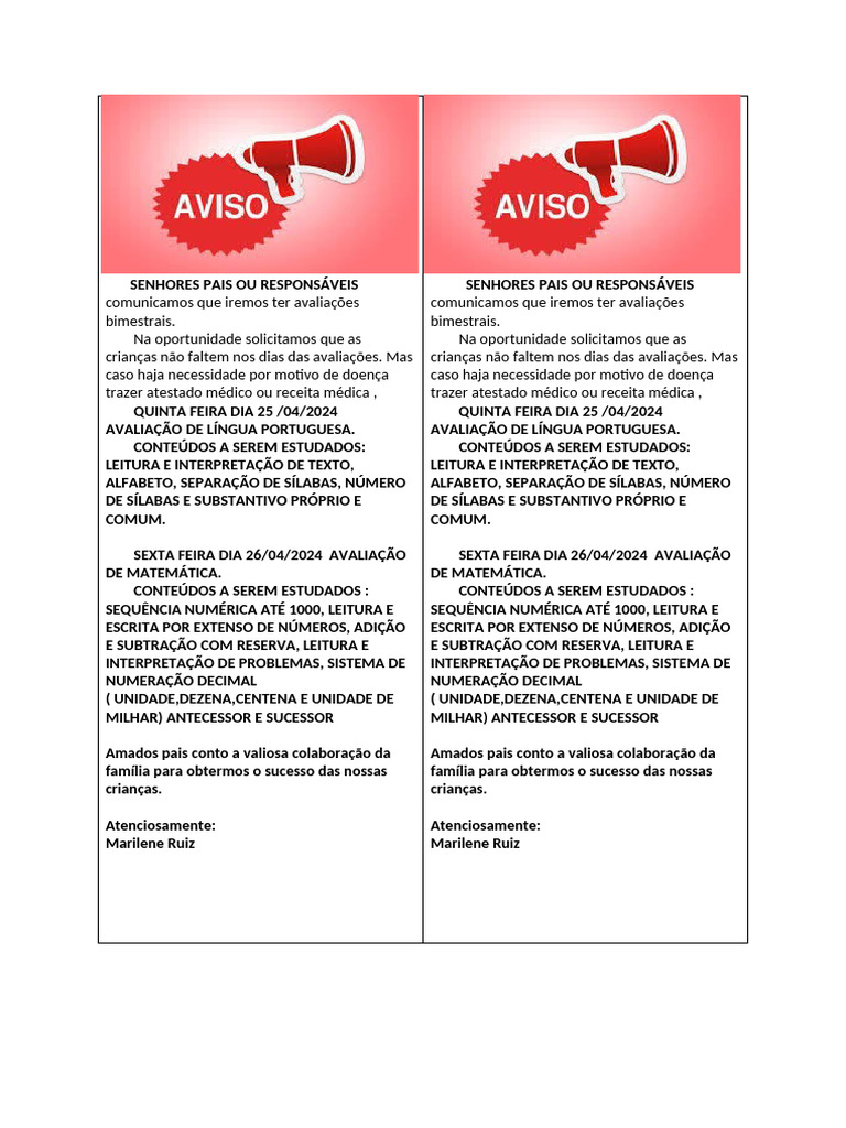 Comunicado Prova 1 Bimestre | PDF