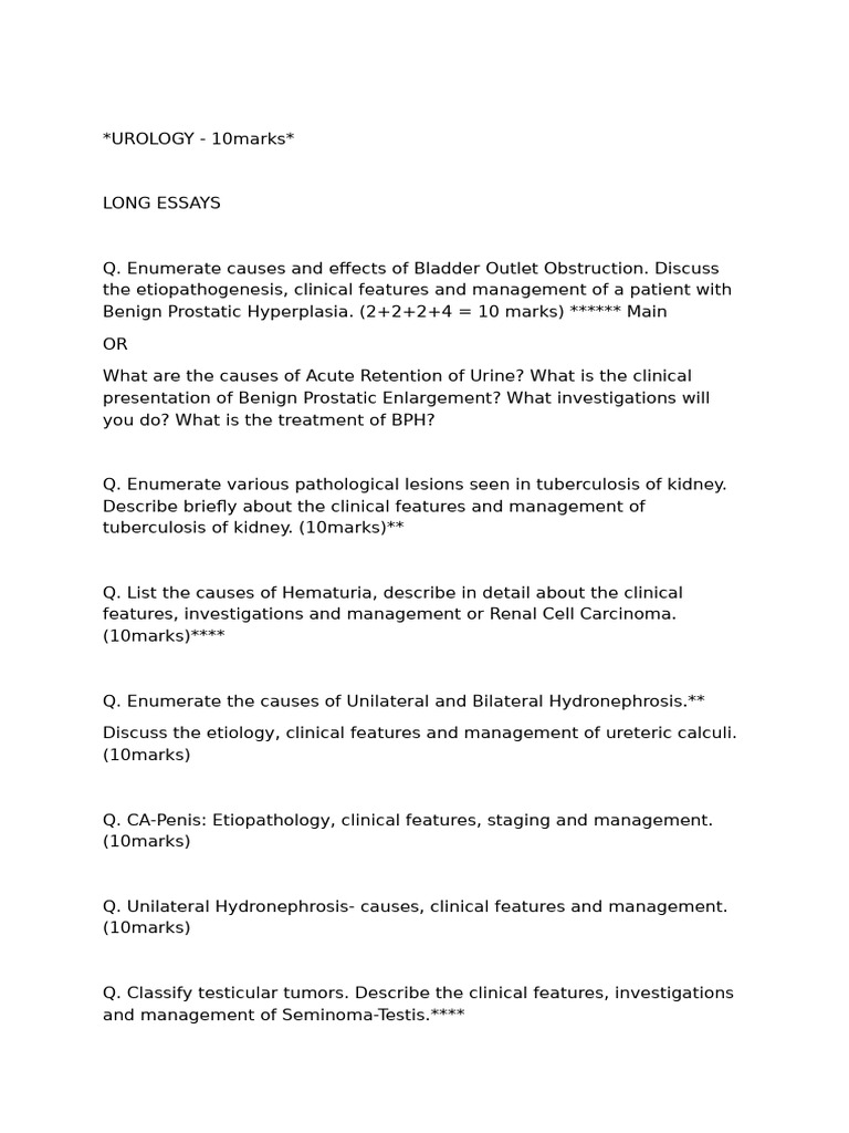 Urology Questions (PYQs) | PDF | Urological Conditions | Urinary System