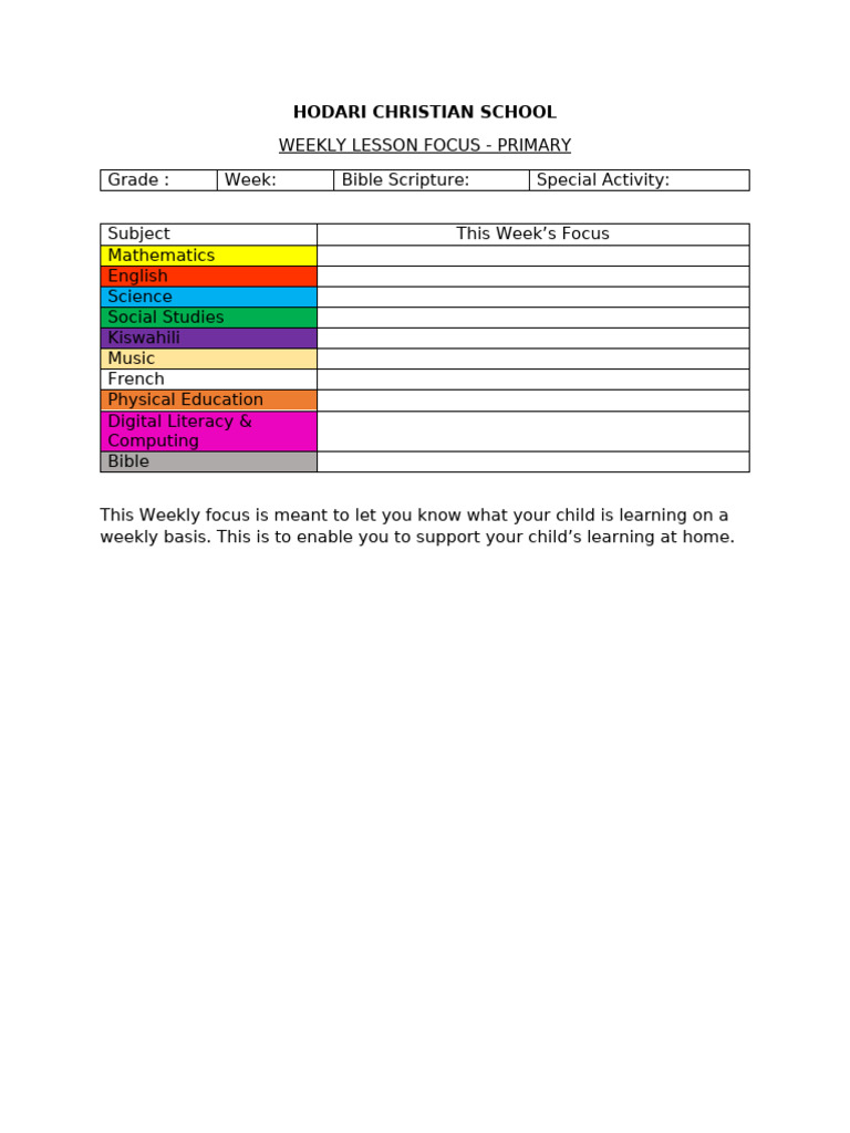 Weekly Focus - Primary Template | PDF | Wellness