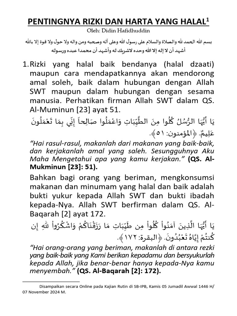 Kajian SB-IPB-Pentingnya Rizki Dan Harta Yang Halal-07!11!2024 | PDF
