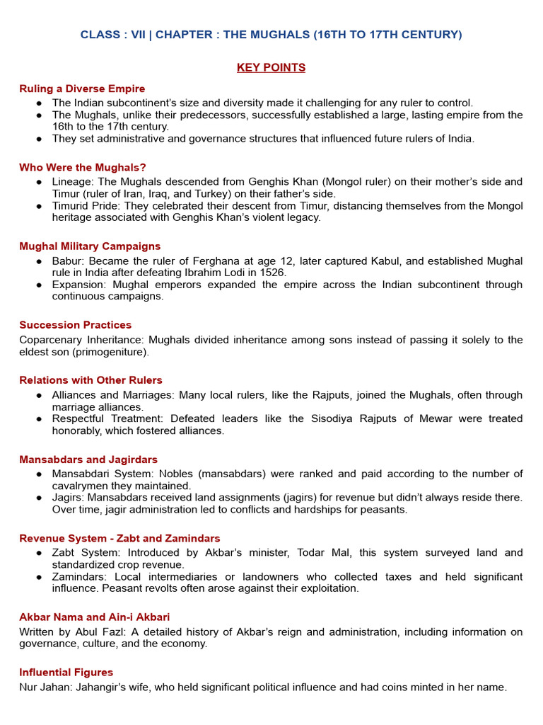 Social Science Notes - Class Vii - The Mughals (16th To 17th Century ...