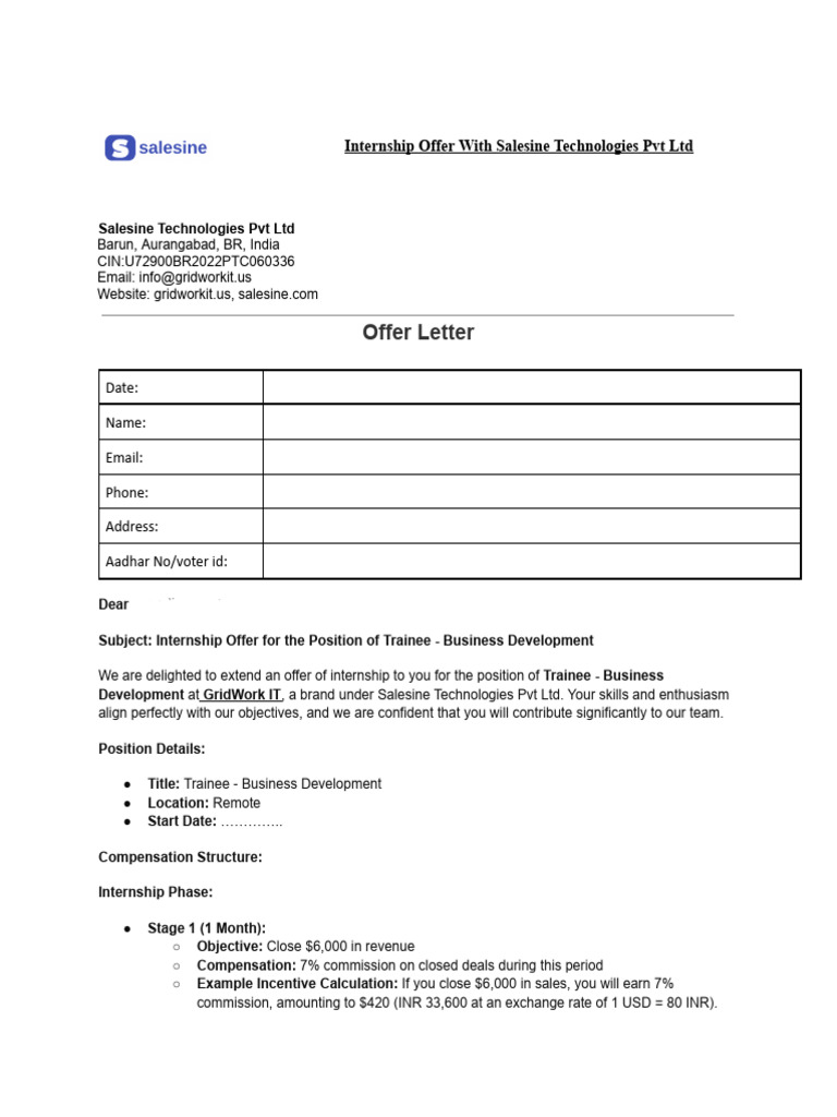 Internship Offer: Trainee - Business Development | PDF | Employment ...