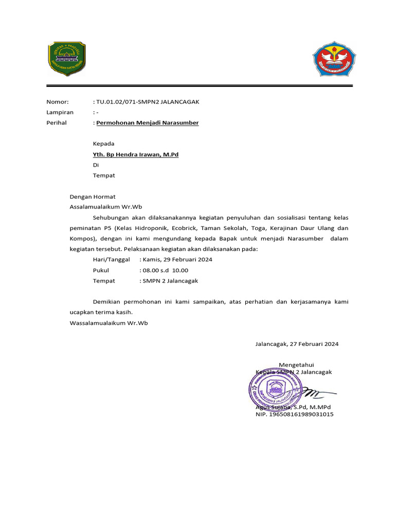 Surat Permohonan Narsum | PDF