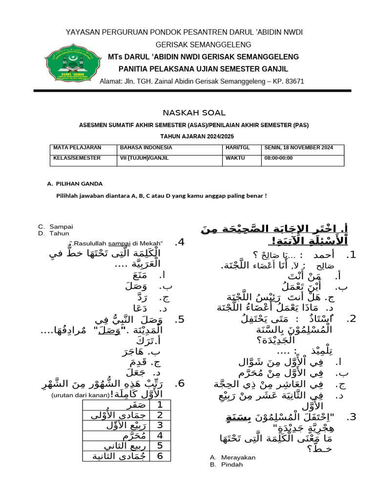 Soal - Arab Kelas 9 2024 | PDF