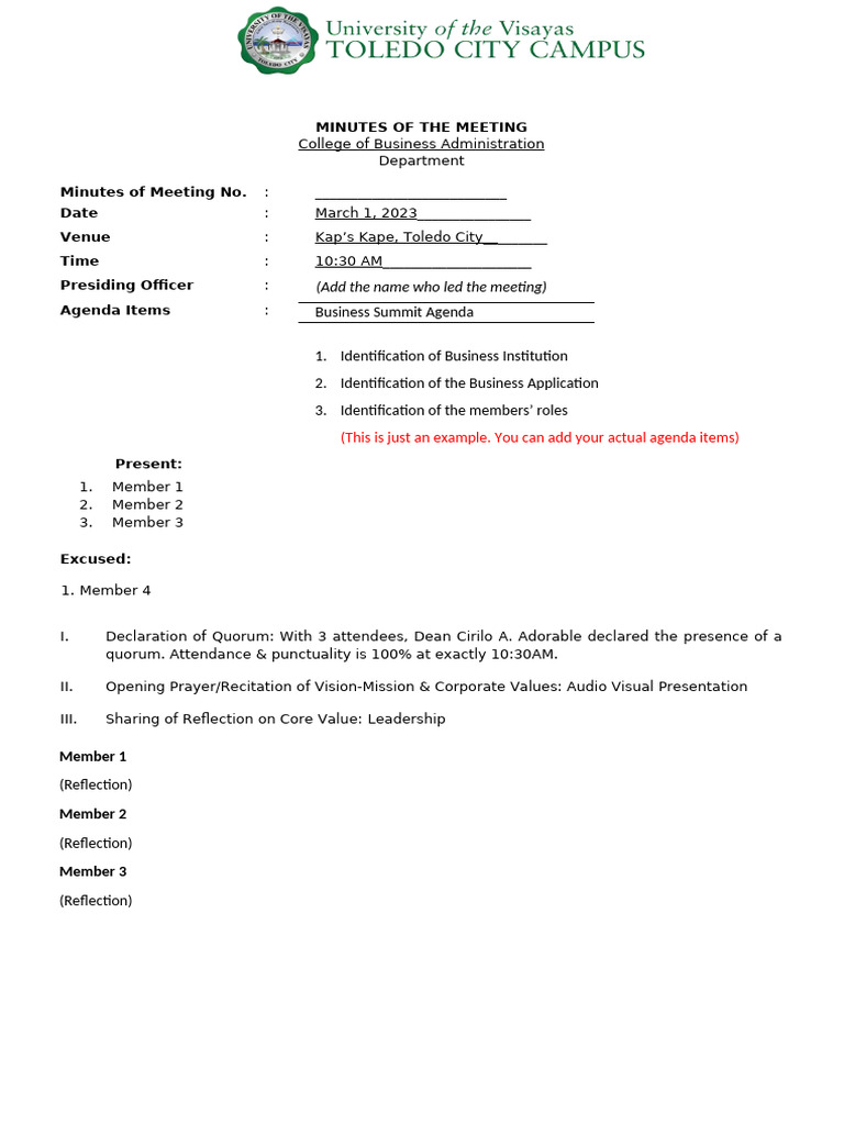 Minutes of The Meeting Template | PDF | Learning | Behavior Modification
