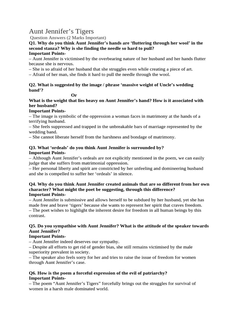 Aunt Jennifer's Tigers: Analysis & Insights | PDF | Embroidery