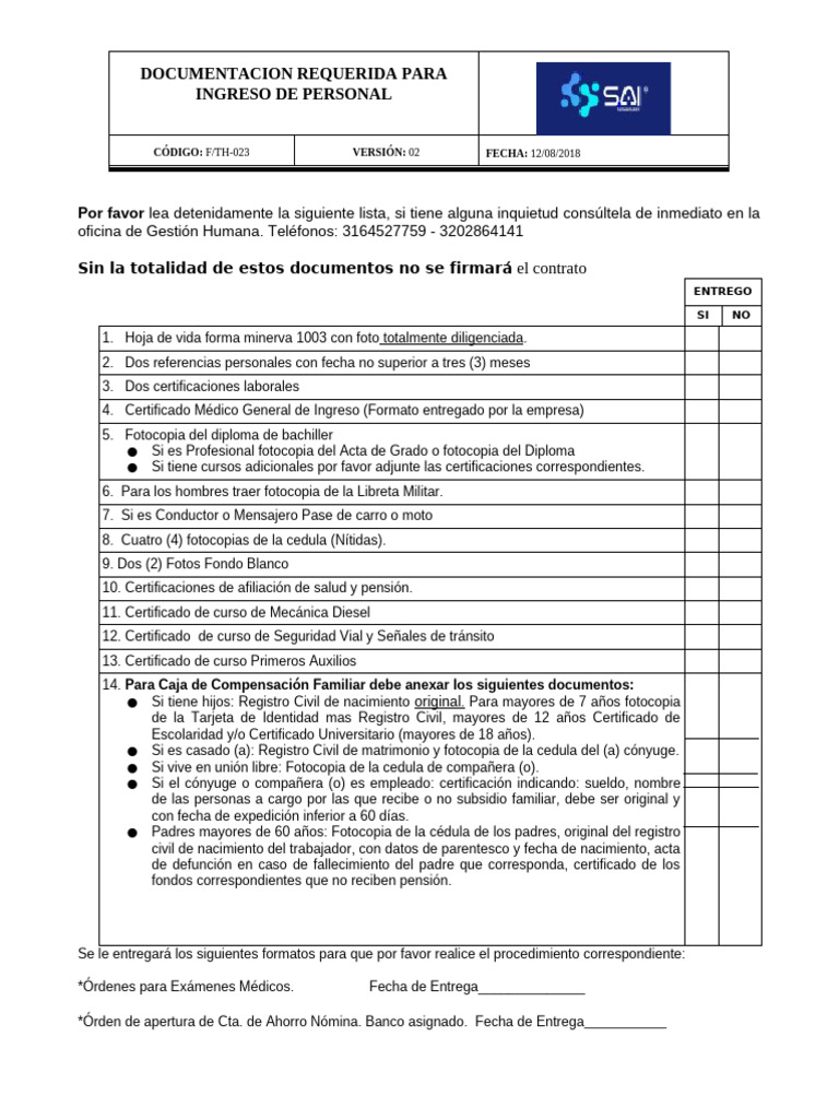 F-th-023 Documentacion Requerida para Ingreso de Personal | PDF | Documento de identidad