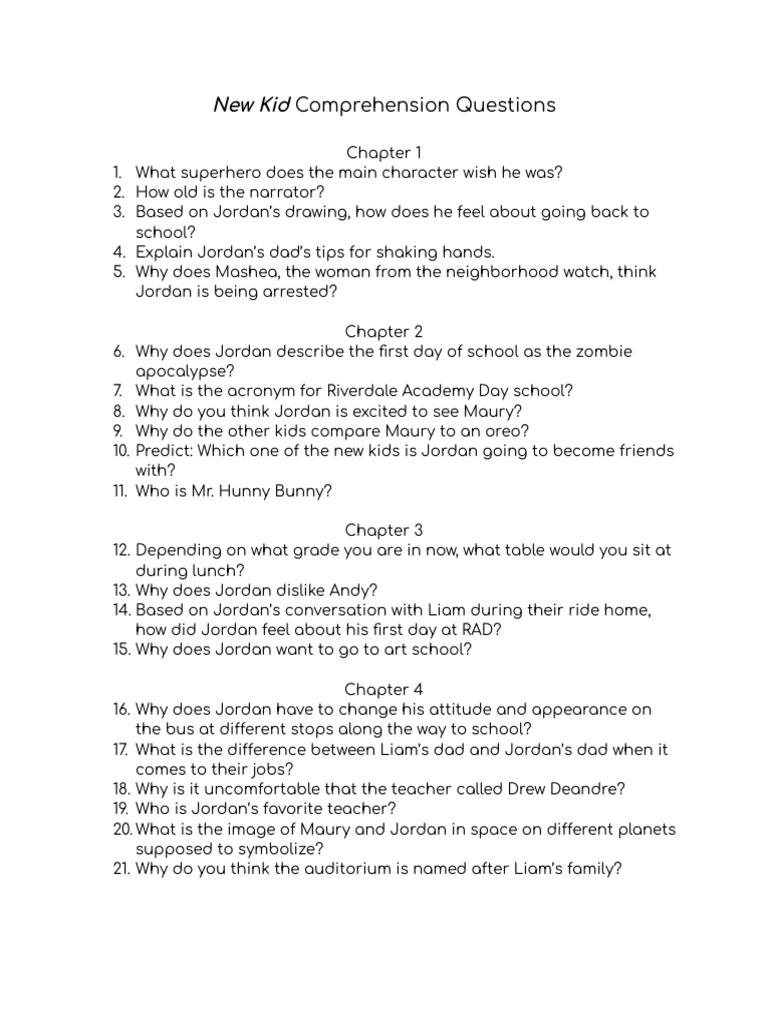 New Kid Comprehension Questions | PDF | Games & Activities | General ...