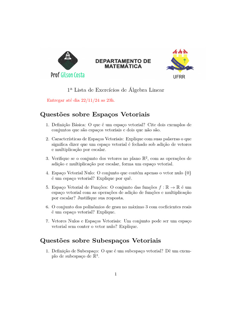 1 Lista de Exercícios Álgebra Linear | PDF