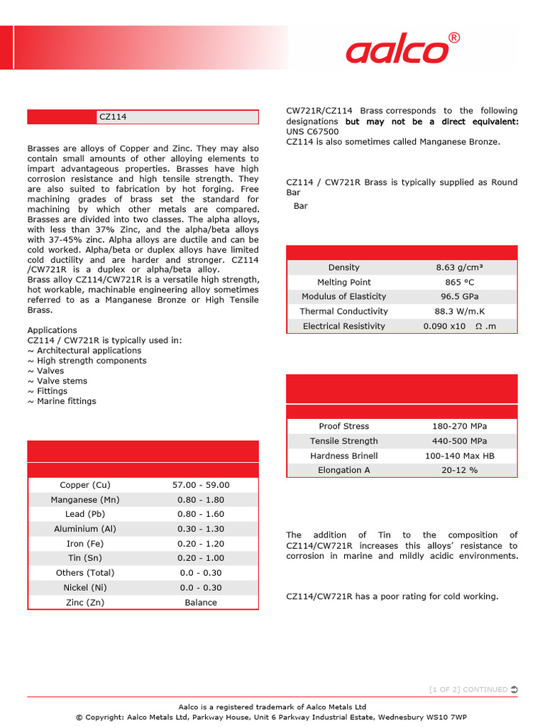 Aalco Metals LTD - Copper and Copper Alloys CW721R High Tensile Brass ...