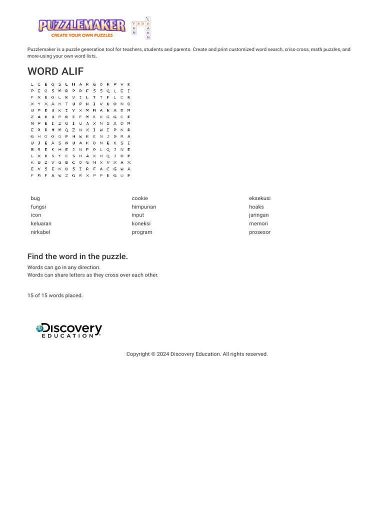 Word Search Puzzle - Discovery Education Puzzlemaker | PDF