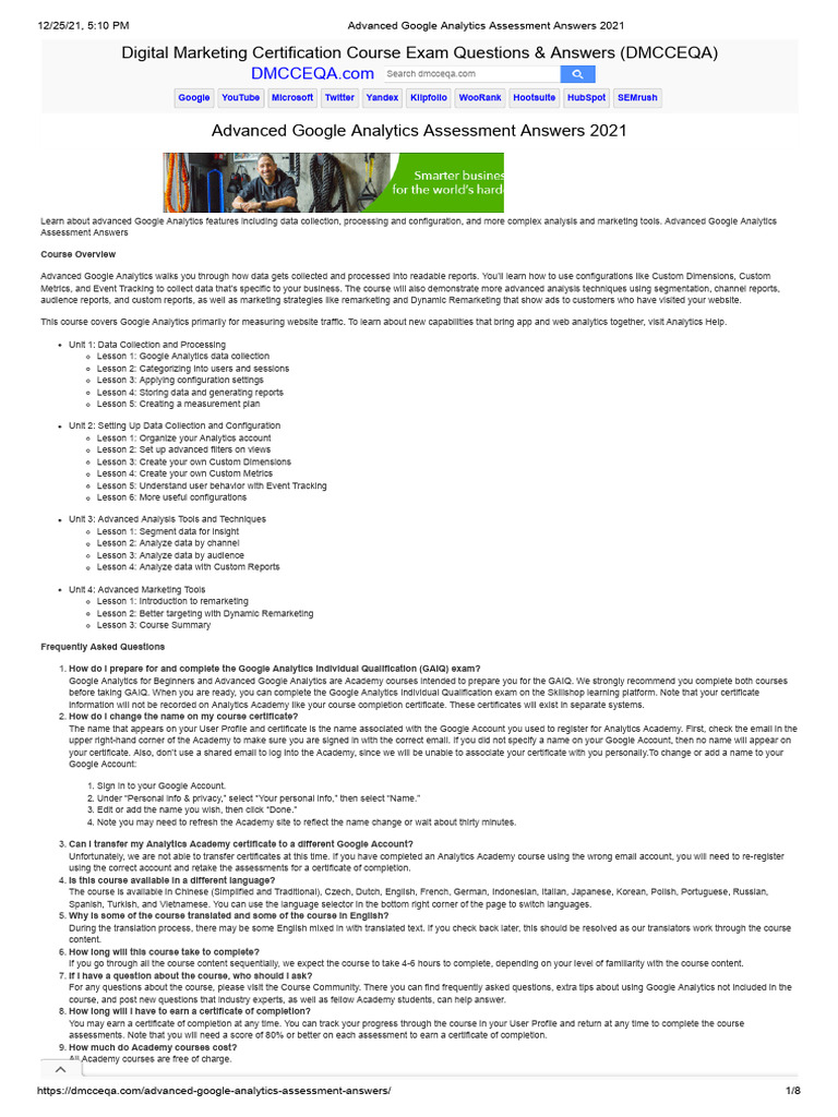 Advanced Google Analytics Assessment Answers 2021 | PDF | Analytics | Search Engine Optimization
