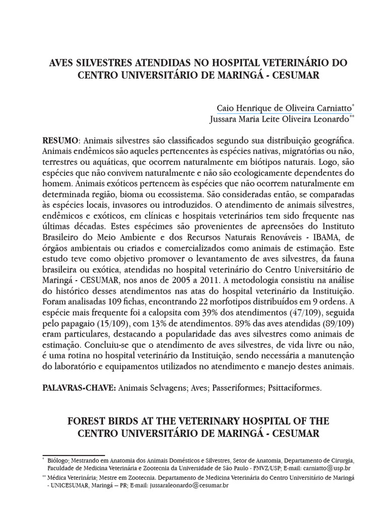 Aves Silvestres no Hospital CESUMAR | PDF | Medicina Veterinária | Aves