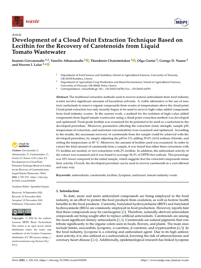 Development of A Cloud Point Extraction Technique Based On Lecithin For The Recovery of ...