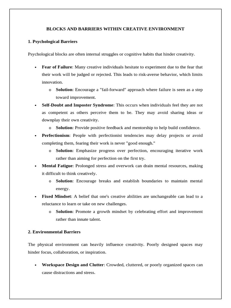 Blocks and Barriers Within Creative Environment | PDF | Creativity ...