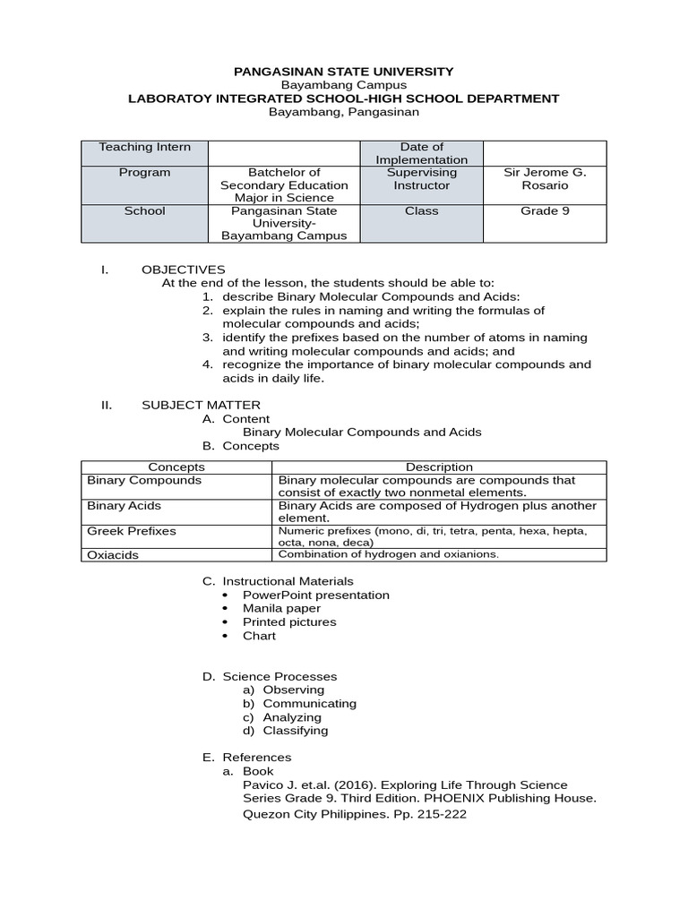 Grade 9 Binary Molecular Compounds and Acids SDLP Victoriano P. Bautista. Final | PDF | Iodine ...