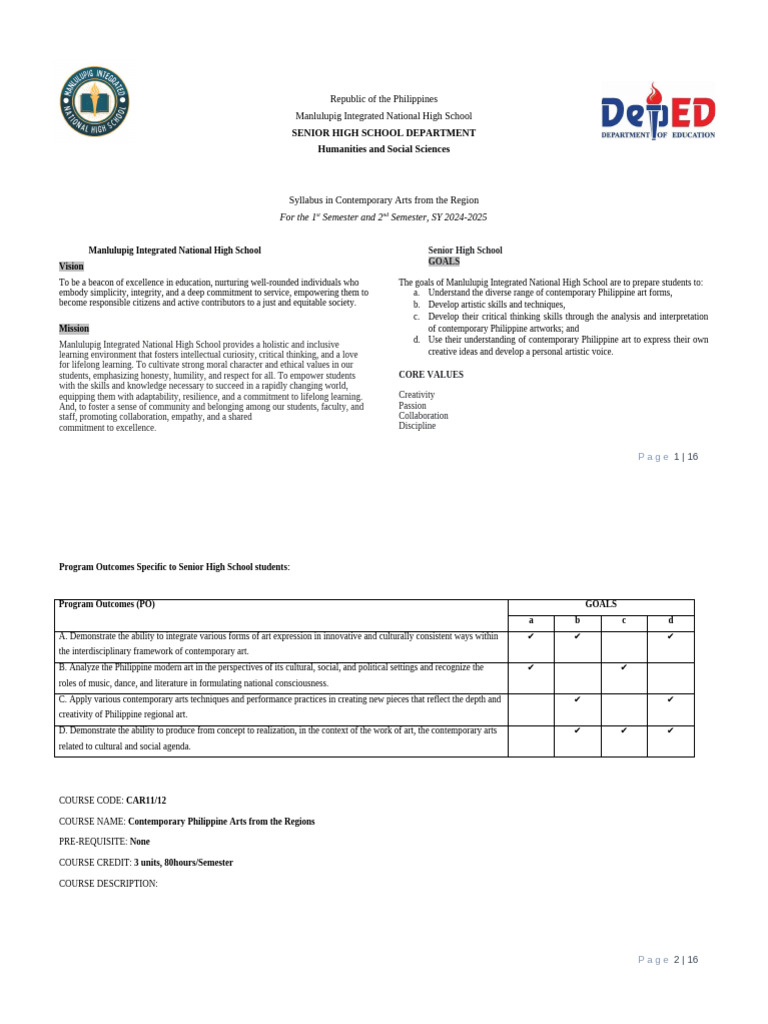 MINHS-FINAL-na-FINAL-SYLLABUS | PDF | The Arts | Creativity
