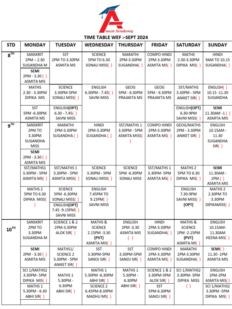 Time Table From Aug 2024 Newww | PDF