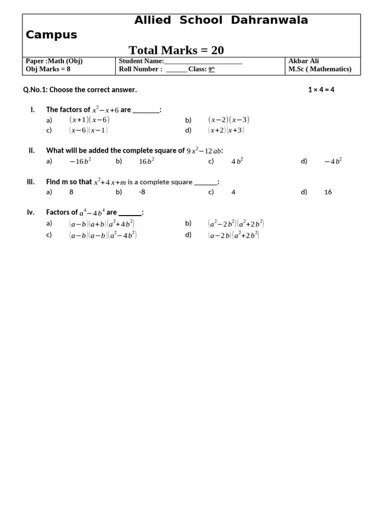 9th Math CH 5 Allied School | PDF