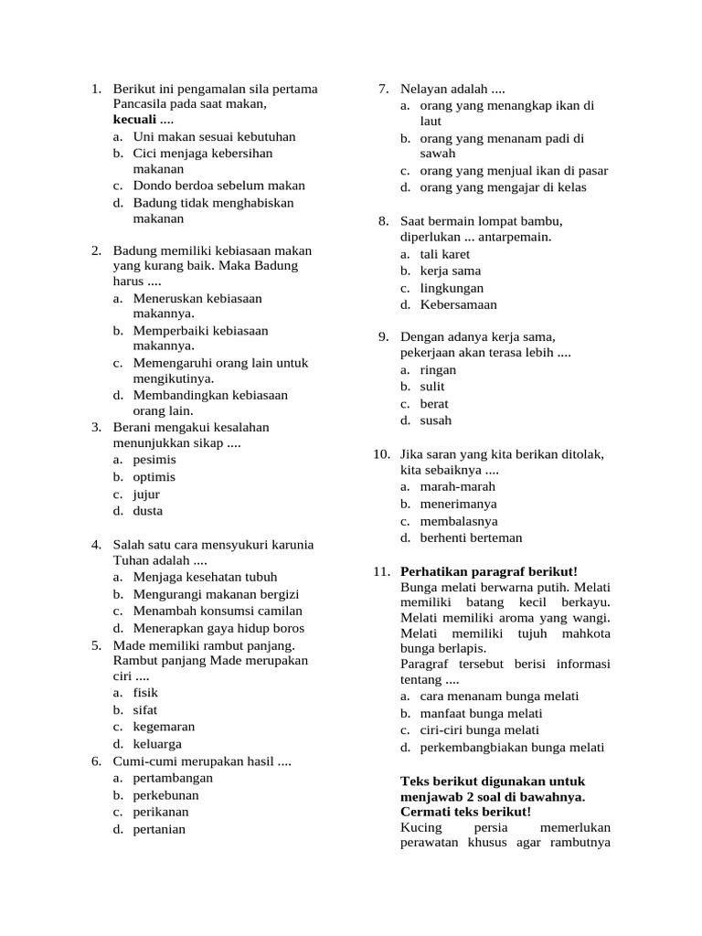 Soal & Jawaban PTS Kelas 3 Tema 1 Semester 1 Tahun 2021 | PDF