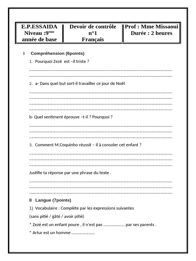 Devoir de Français 9ème: Compréhension et Langue | PDF | Linguistique ...