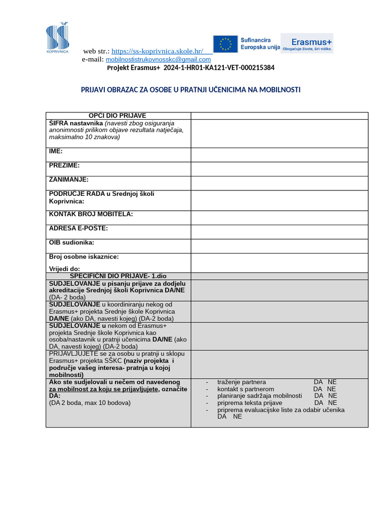 PRIJAVNI OBRAZAC Osobe U Pratnji 2024. 25 | PDF