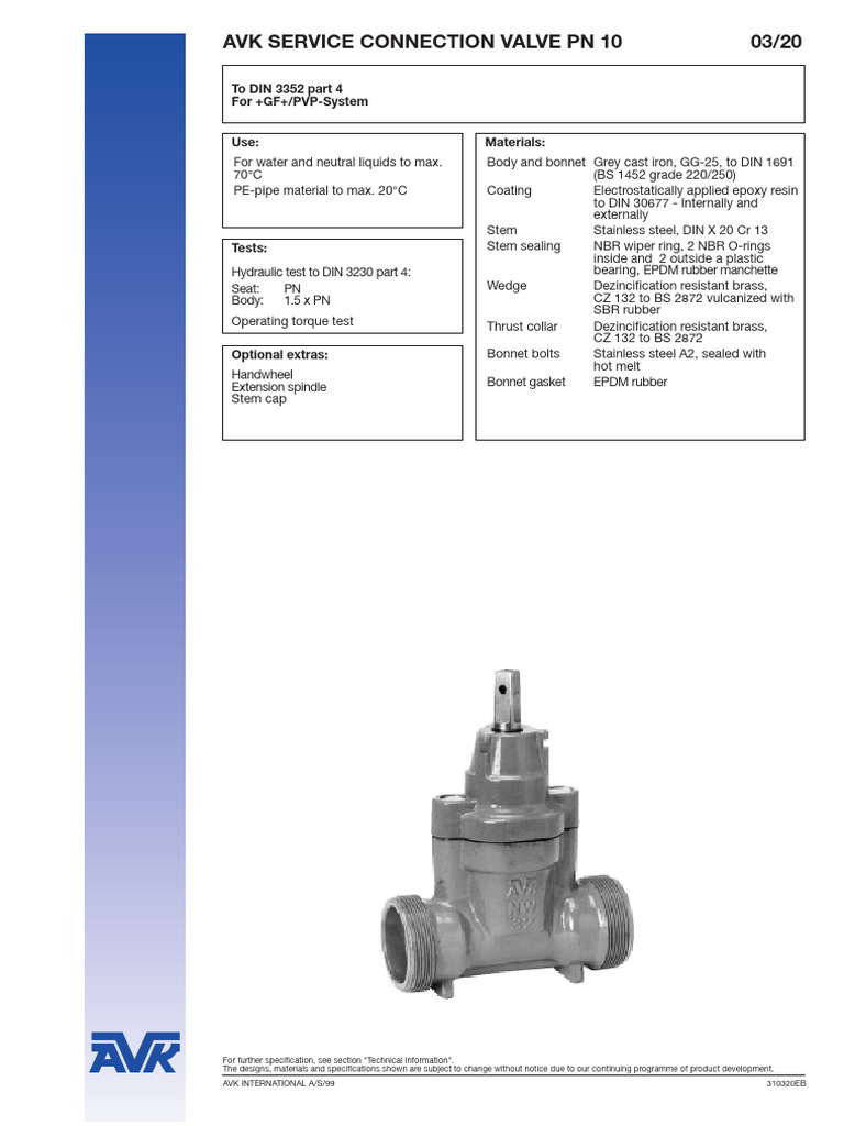 Avk Service Connection Valve PN 10 03/20: To DIN 3352 Part 4 For +GF+ ...