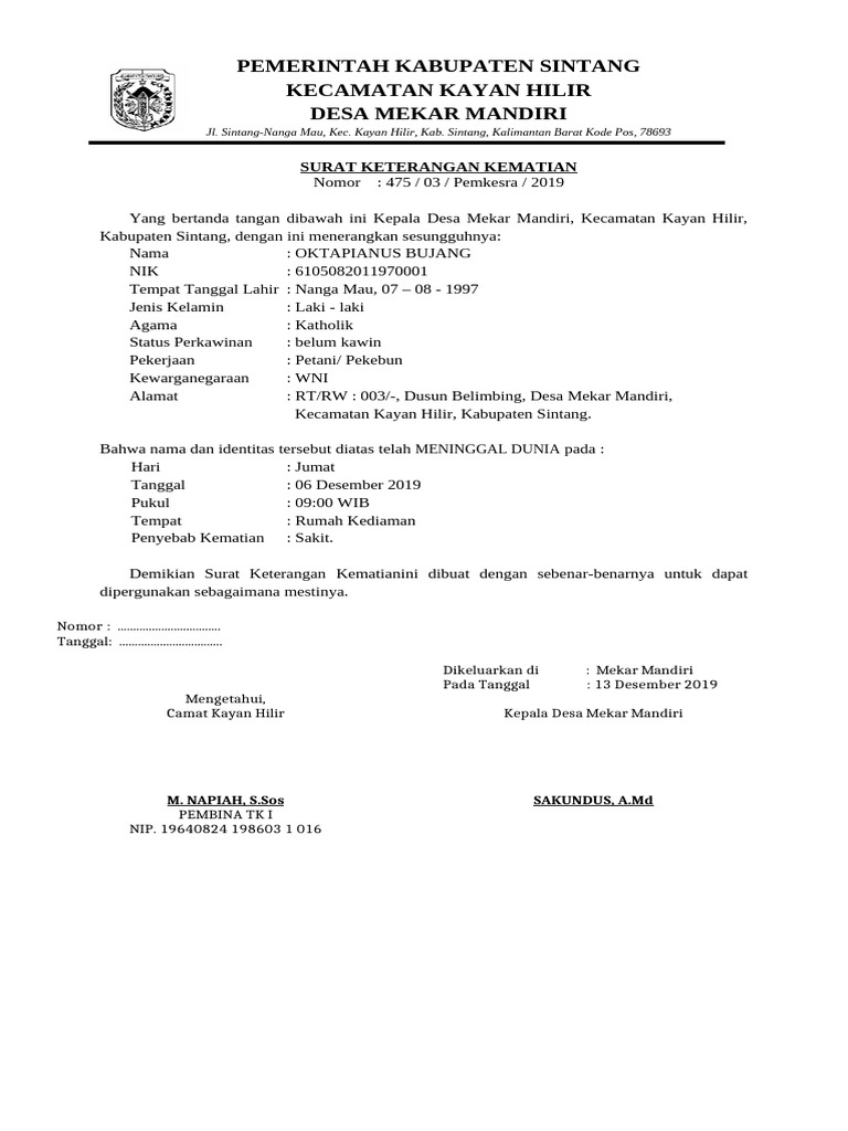 003 Surat Keterangan Kematian OKTAPIANUS BUJANG | PDF