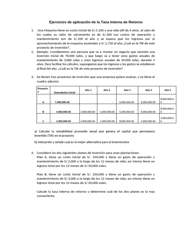 Ejercicios de Aplicaciã N de La Tasa Interna de Retorno | PDF | Tasa interna de retorno | Economias