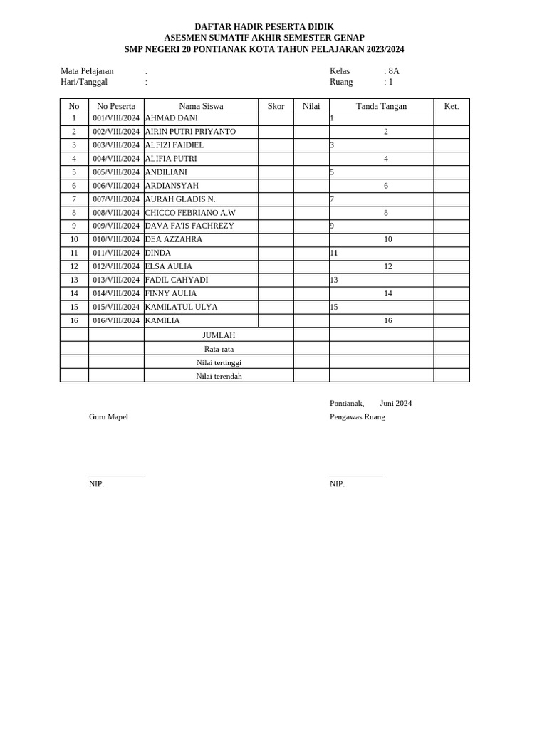Absen Kelas 8 Asas Ganjil 2024-2025 | PDF
