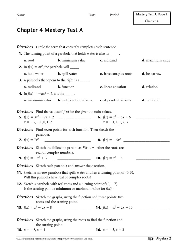 Algebra 2 Chapter 4 Test | PDF | Function (Mathematics) | Equations