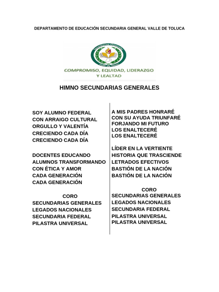 Himno de Escuelas Secundarias Generales | PDF