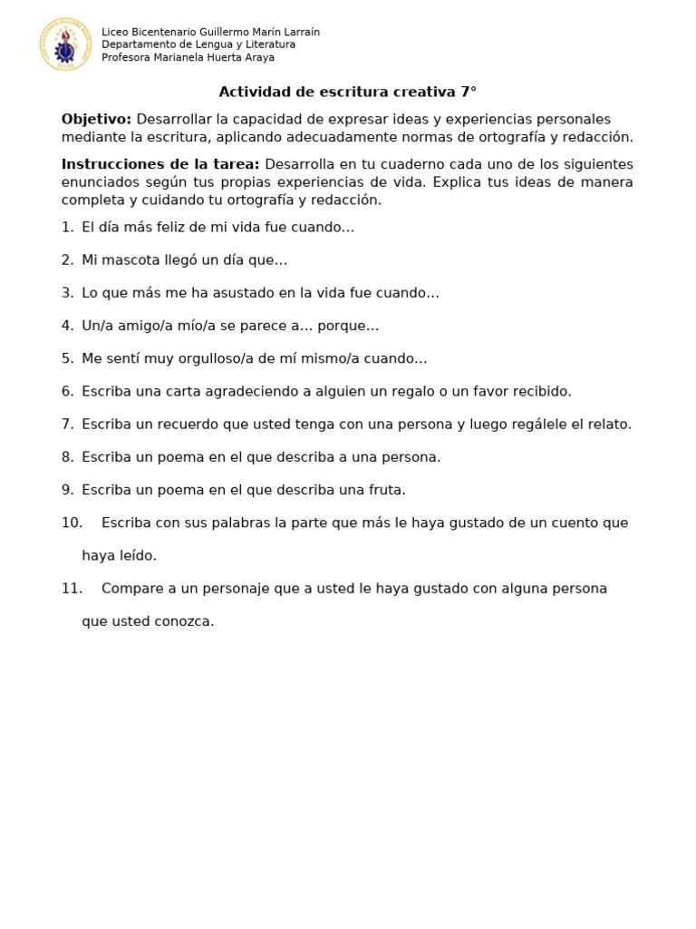 Actividad de escritura creativa 7 | PDF