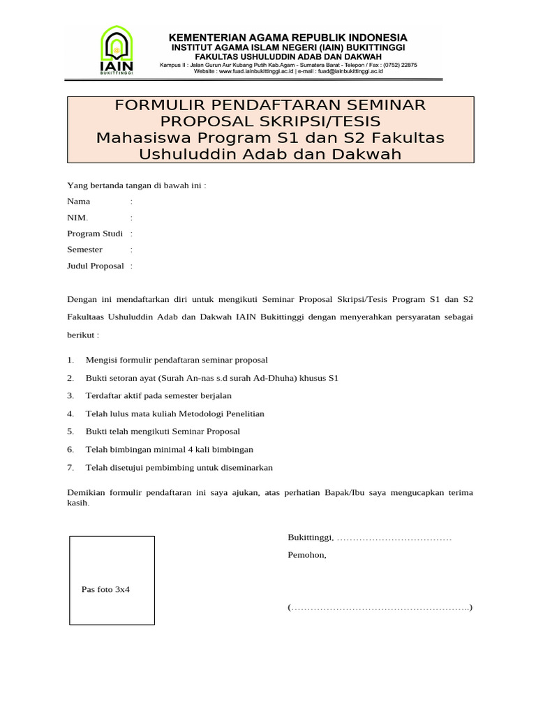 Formulir Pendaftaran Seminar Proposal Skripsi | PDF