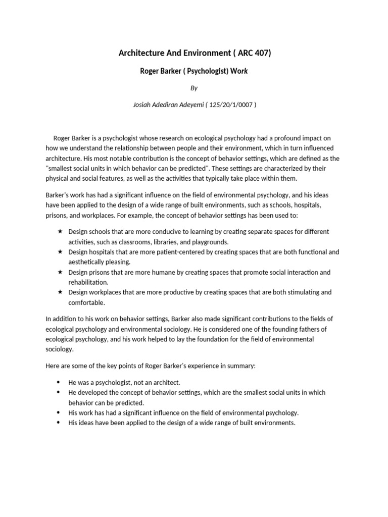 Roger Barker's Impact on Architecture | PDF | Self-Improvement