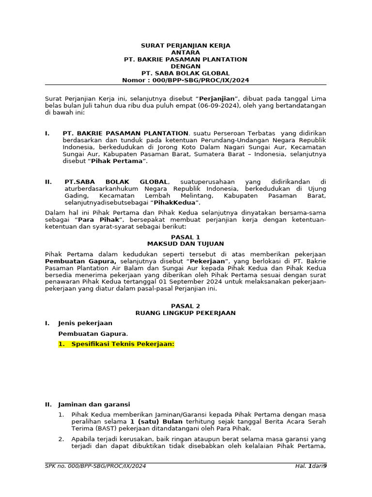 Draf SPK Pembuatan Gapura 3 Unit | PDF | Pengelolaan Keuangan & Uang | Teknologi & Rekayasa