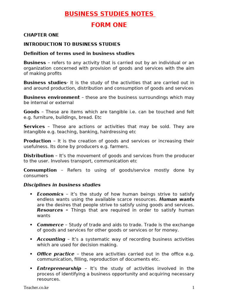Business Studies Notes f1 | PDF | Goods | Entrepreneurship
